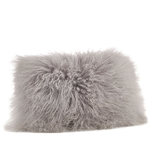 SARO LIFESTYLE 100% Wool Mongolian Lamb Fur Throw Pillow with Poly Filling, 12" x 20", Fog