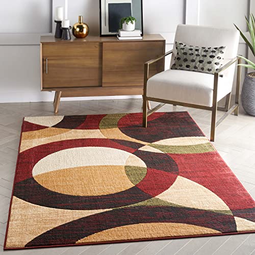 Well Woven Casual Modern Styling Shapes Circles Area Rug 5x7 (5'3" x 7'3'') Multi Color Red Black Beige Thick Soft Pile Easy Care Pile Suitable high Traffic Areas