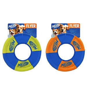 nerf dog toss and tug ring dog toy, flying disc, lightweight, durable and water resistant, 9 inch diameter, for medium/large breeds, two pack, green and orange