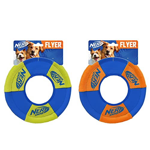 Nerf Dog Toss and Tug Ring Dog Toy, Flying Disc, Lightweight, Durable and Water Resistant, 9 Inch Diameter, For Medium/Large Breeds, Two Pack, Green and Orange