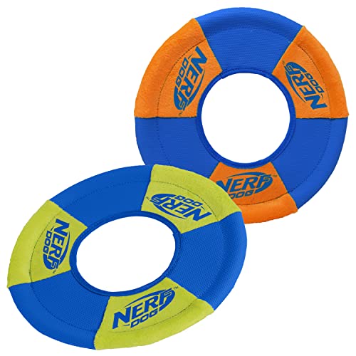 Nerf Dog Toss and Tug Ring Dog Toy, Flying Disc, Lightweight, Durable and Water Resistant, 9 Inch Diameter, For Medium/Large Breeds, Two Pack, Green and Orange