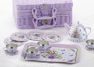 tin 15 pc tea set in basket, pansy