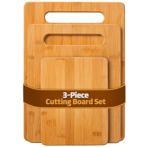 Bamboo Cutting Boards Set - 3-Piece Wooden Kitchen Chopping Board for Food Prep, Chopping, Carving Meat, Fruits Vegetables