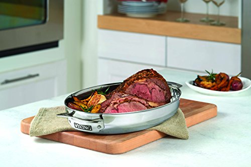 Viking Culinary 3-Ply Stainless Steel Oval Roasting Pan, 8.5 Quart, Includes Metal Induction Lid & Rack, Dishwasher, Oven Safe, Works on All Cooktops including Induction