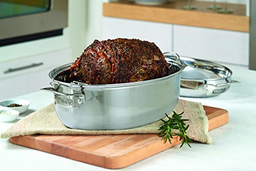 Viking Culinary 3-Ply Stainless Steel Oval Roasting Pan, 8.5 Quart, Includes Metal Induction Lid & Rack, Dishwasher, Oven Safe, Works on All Cooktops including Induction