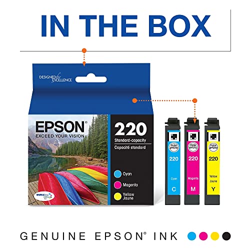 Epson 220 Durabrite Ink Cartridges (Cyan,Magenta,Yellow) 3/Pack in Retail Packaging