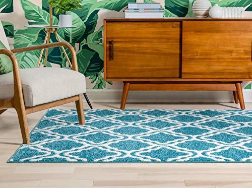 Modern Rug Calipso Blue 3'3" x 5' Lattice Trellis Accent Area Rug Entry Way Bright Kids Room Kitchn Bedroom Carpet Bathroom Soft Durable Area Rug