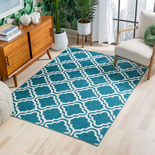 Modern Rug Calipso Blue 3'3" x 5' Lattice Trellis Accent Area Rug Entry Way Bright Kids Room Kitchn Bedroom Carpet Bathroom Soft Durable Area Rug