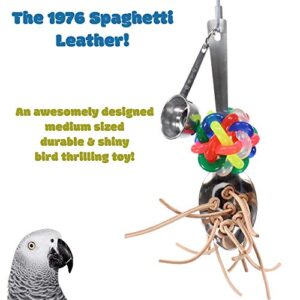 1976 Spaghetti Leather Bonka Bird Toys Durable Shiny Stainless Steel Parrot Cockatoo African Grey Macaw