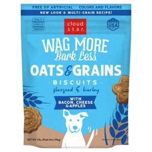 cloud star wag more bark less crunchy dog treats baked in the usa, oats & grains, bacon, cheese & apples 3 lbs. (packaging may vary)