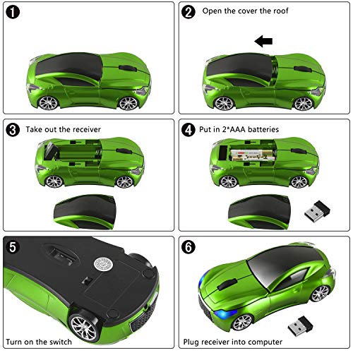 Usbkingdom Cool Sport Car Shape 2.4GHz Wireless Mouse Optical Cordless Mice with USB Receiver for PC Laptop Computer 1600DPI 3 Buttons Green