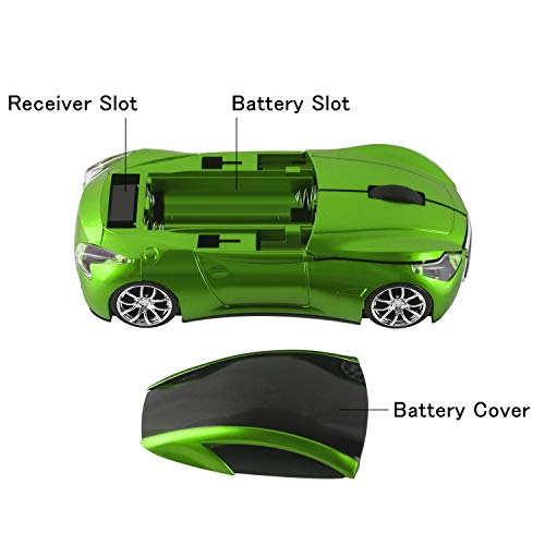 Usbkingdom Cool Sport Car Shape 2.4GHz Wireless Mouse Optical Cordless Mice with USB Receiver for PC Laptop Computer 1600DPI 3 Buttons Green