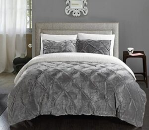 chic home 3 piece josepha pinch pleated ruffled & pintuck sherpa lined comforter set, king, grey