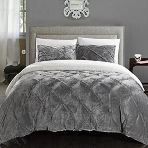 Chic Home 3 Piece Josepha Pinch Pleated Ruffled & Pintuck Sherpa Lined Comforter Set, King, Grey