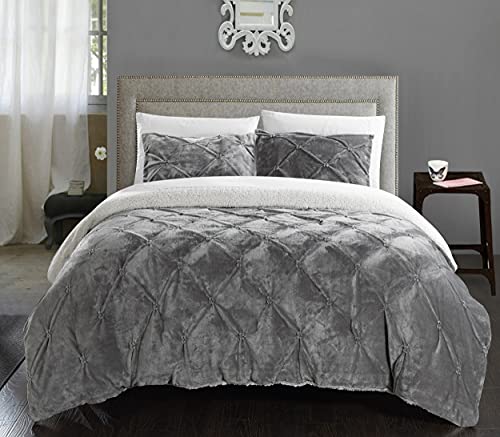 Chic Home 3 Piece Josepha Pinch Pleated Ruffled & Pintuck Sherpa Lined Comforter Set, King, Grey