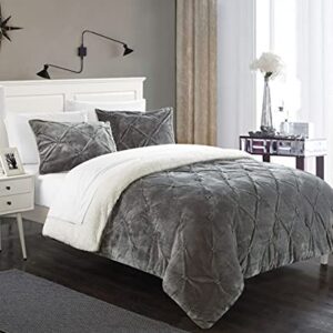 Chic Home 3 Piece Josepha Pinch Pleated Ruffled & Pintuck Sherpa Lined Comforter Set, King, Grey