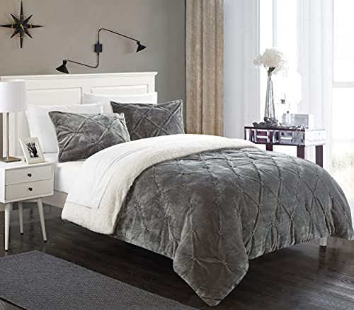 Chic Home 3 Piece Josepha Pinch Pleated Ruffled & Pintuck Sherpa Lined Comforter Set, King, Grey