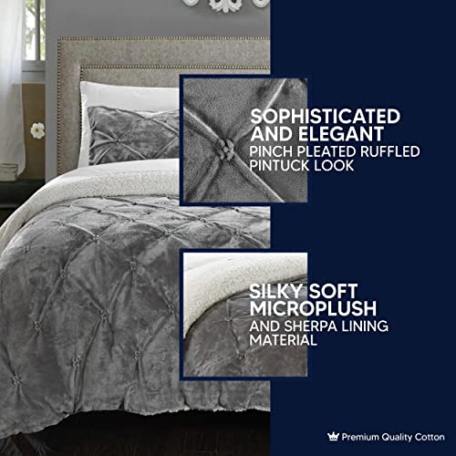 Chic Home 3 Piece Josepha Pinch Pleated Ruffled & Pintuck Sherpa Lined Comforter Set, King, Grey