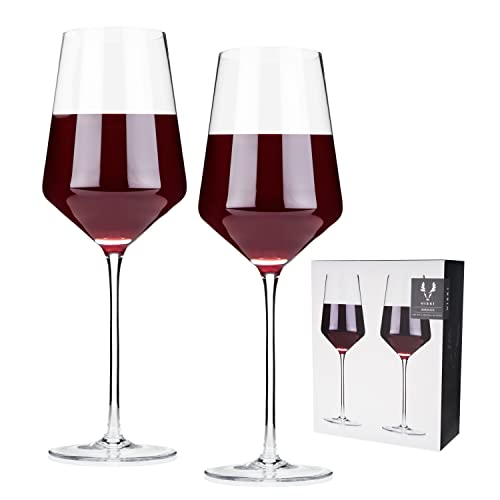 Viski Raye Angled Crystal Bordeaux Wine Glasses Set of 2 - Premium Crystal Clear Glass, Modern Stemmed, Flat Bottom Red Wine Gift Set - 16oz