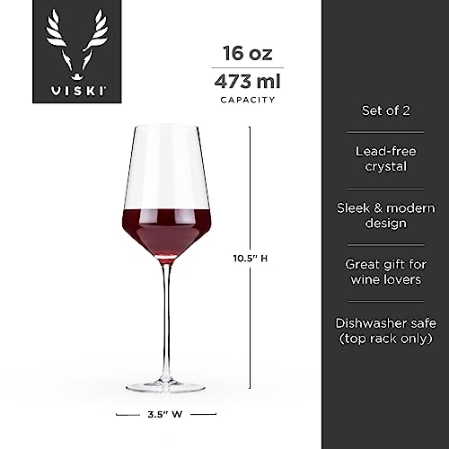 Viski Raye Angled Crystal Bordeaux Wine Glasses Set of 2 - Premium Crystal Clear Glass, Modern Stemmed, Flat Bottom Red Wine Gift Set - 16oz