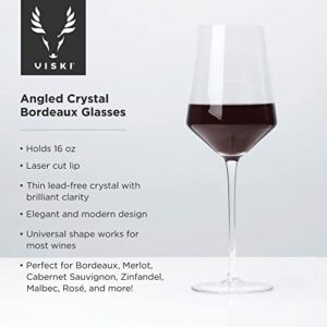 Viski Raye Angled Crystal Bordeaux Wine Glasses Set of 2 - Premium Crystal Clear Glass, Modern Stemmed, Flat Bottom Red Wine Gift Set - 16oz