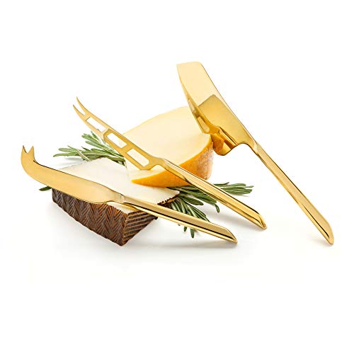 Viski Gold Cheese Knives, Set of 3 Cheese Knives, Stainless Steel with Gold Finish, Cheese Tools, Gold, Set of 3