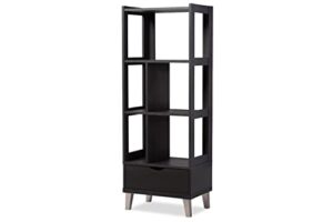 baxton studio kalien modern & contemporary wood leaning bookcase with display shelves & one drawer, dark brown