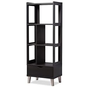 Baxton Studio Kalien Modern & Contemporary Wood Leaning Bookcase with Display Shelves & One Drawer, Dark Brown