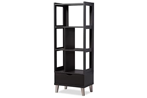 Baxton Studio Kalien Modern & Contemporary Wood Leaning Bookcase with Display Shelves & One Drawer, Dark Brown