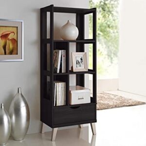 Baxton Studio Kalien Modern & Contemporary Wood Leaning Bookcase with Display Shelves & One Drawer, Dark Brown