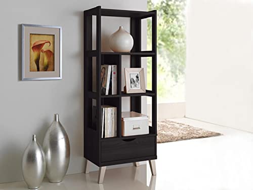 Baxton Studio Kalien Modern & Contemporary Wood Leaning Bookcase with Display Shelves & One Drawer, Dark Brown