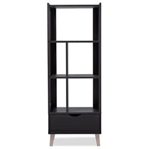 Baxton Studio Kalien Modern & Contemporary Wood Leaning Bookcase with Display Shelves & One Drawer, Dark Brown