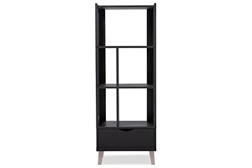 Baxton Studio Kalien Modern & Contemporary Wood Leaning Bookcase with Display Shelves & One Drawer, Dark Brown