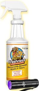 furryfreshness extra strength cat or dog pee stain & permanent odor remover + smell eliminator -removes stains from pets & kids including urine, blood or feces- lift carpet stains- (32oz & uv spotter)