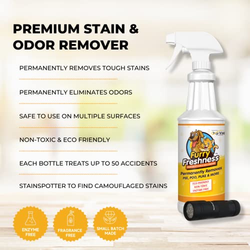 FurryFreshness Extra Strength Cat or Dog Pee Stain & Permanent Odor Remover + Smell Eliminator -Removes Stains From Pets & Kids Including Urine, Blood or Feces- Lift Carpet Stains- (32oz & UV Spotter)