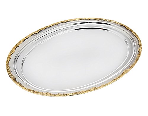 Godinger Silver Art Stainless Steel Oval Gold Rim Border Trim Serving Tray Platter