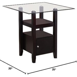 Kings Brand Furniture Arecibo Cappuccino Finish/Glass Top Counter Height Dining Table with Storage, 35" W x 35" D x 36" H