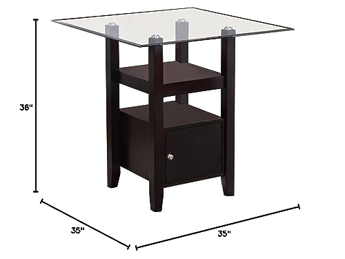 Kings Brand Furniture Arecibo Cappuccino Finish/Glass Top Counter Height Dining Table with Storage, 35" W x 35" D x 36" H