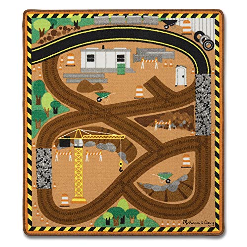 Melissa & Doug Round the Construction Zone Work Site Rug With 3 Wooden Trucks ,39 x 36 inches, Brown