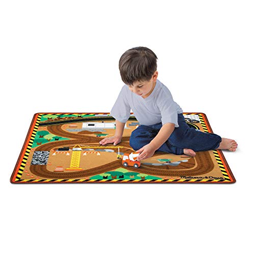 Melissa & Doug Round the Construction Zone Work Site Rug With 3 Wooden Trucks ,39 x 36 inches, Brown