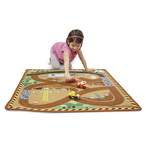 Melissa & Doug Round the Construction Zone Work Site Rug With 3 Wooden Trucks ,39 x 36 inches, Brown