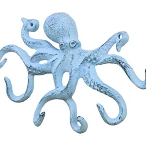 Rustic Dark Blue Whitewashed Cast Iron Octopus Hook 11 Inch - Decorative Hook - Sealife Metal Wall Hook