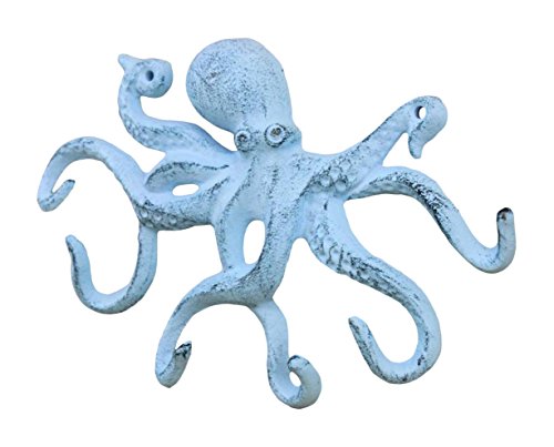 Rustic Dark Blue Whitewashed Cast Iron Octopus Hook 11 Inch - Decorative Hook - Sealife Metal Wall Hook