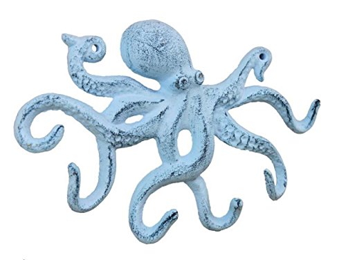 Rustic Dark Blue Whitewashed Cast Iron Octopus Hook 11 Inch - Decorative Hook - Sealife Metal Wall Hook