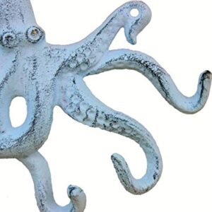 Rustic Dark Blue Whitewashed Cast Iron Octopus Hook 11 Inch - Decorative Hook - Sealife Metal Wall Hook