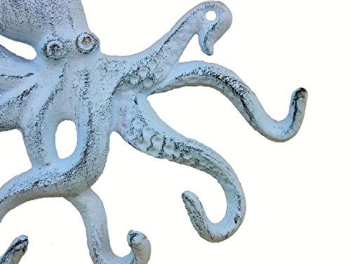 Rustic Dark Blue Whitewashed Cast Iron Octopus Hook 11 Inch - Decorative Hook - Sealife Metal Wall Hook