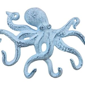 Rustic Dark Blue Whitewashed Cast Iron Octopus Hook 11 Inch - Decorative Hook - Sealife Metal Wall Hook