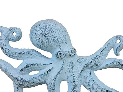 Rustic Dark Blue Whitewashed Cast Iron Octopus Hook 11 Inch - Decorative Hook - Sealife Metal Wall Hook