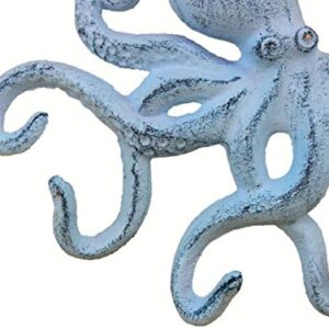 Rustic Dark Blue Whitewashed Cast Iron Octopus Hook 11 Inch - Decorative Hook - Sealife Metal Wall Hook