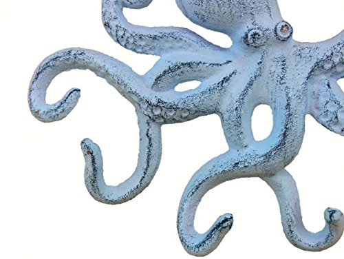 Rustic Dark Blue Whitewashed Cast Iron Octopus Hook 11 Inch - Decorative Hook - Sealife Metal Wall Hook